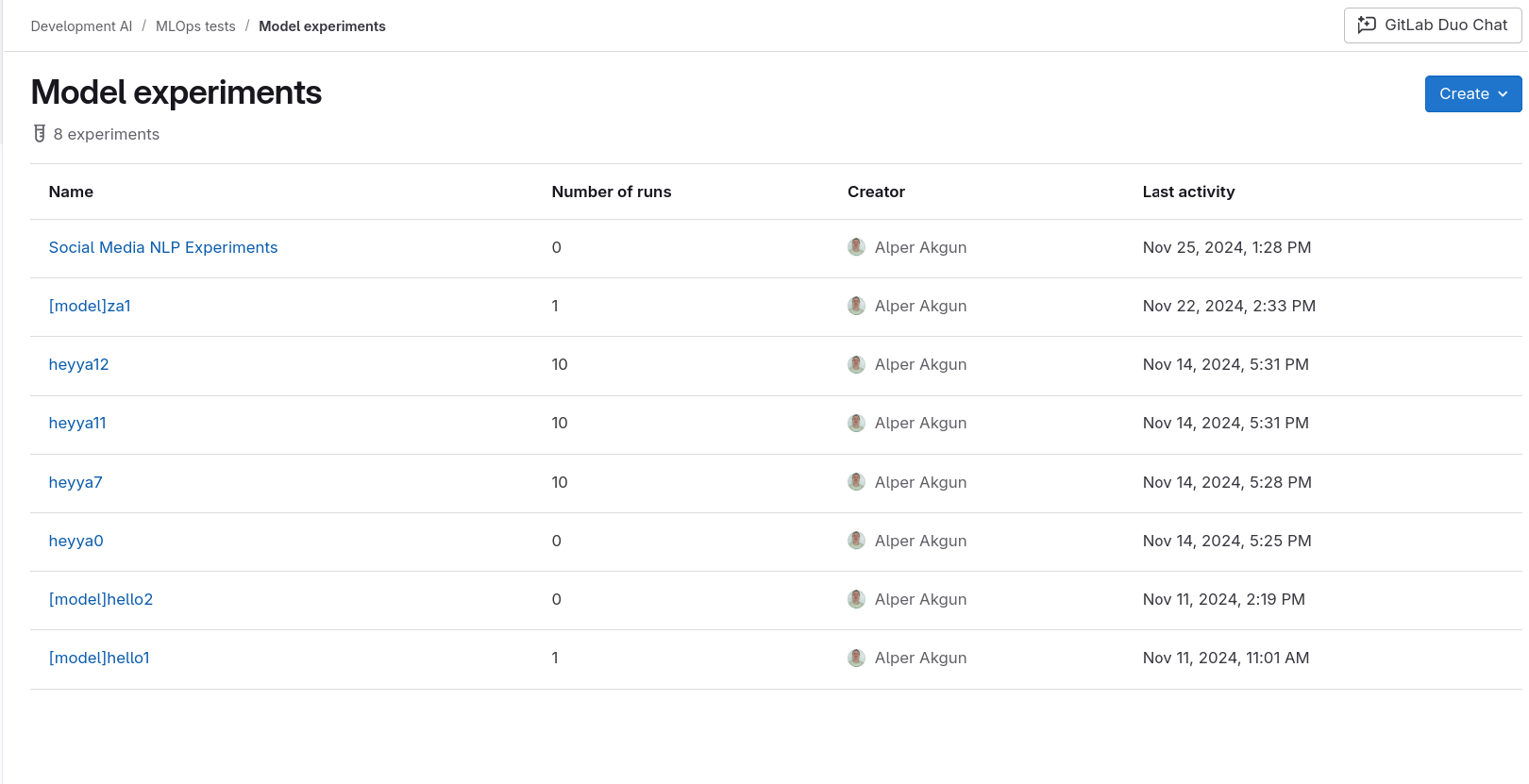 Index · Experiment tracking · Ml · Project · User · Help · GitLab